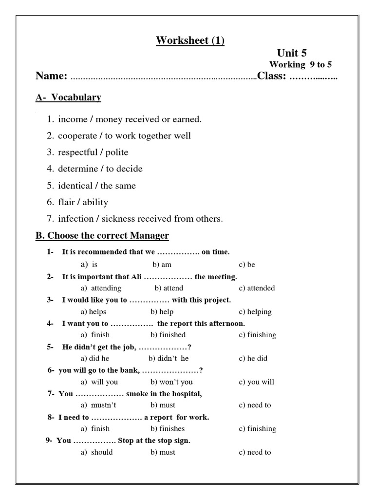 Worksheet Unit 1 | PDF