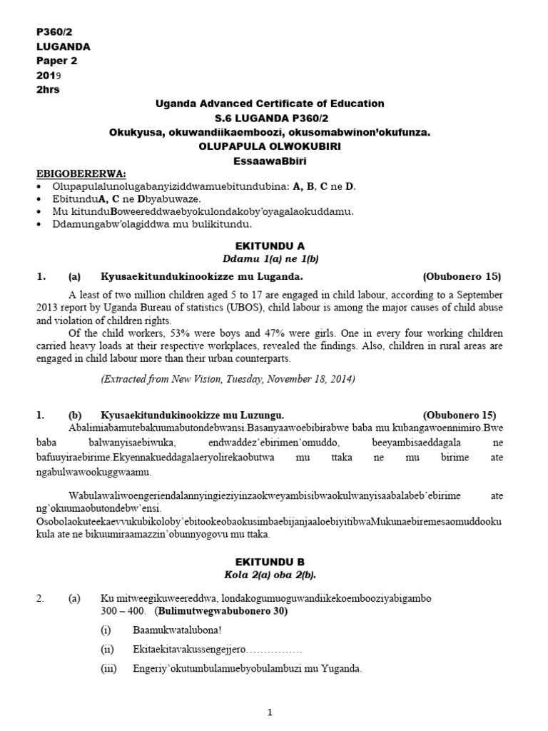 Luganda Paper 2 | PDF | Living Arrangements | Youth