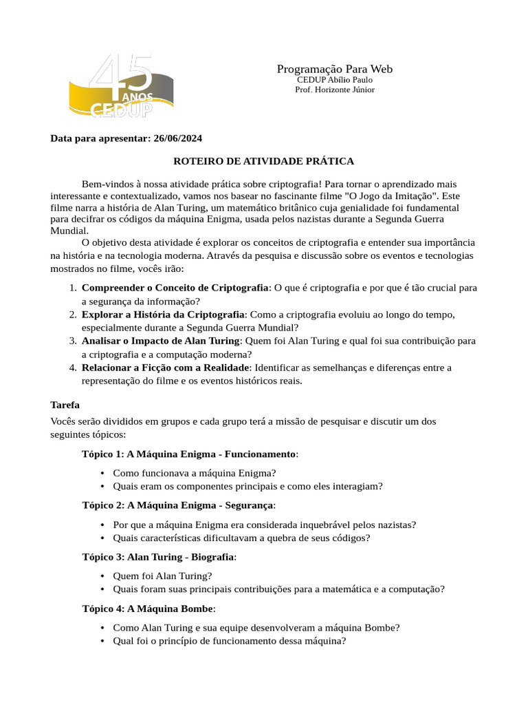 Roteiro Atividade Criptografia | PDF | Alan Turing | Criptografia