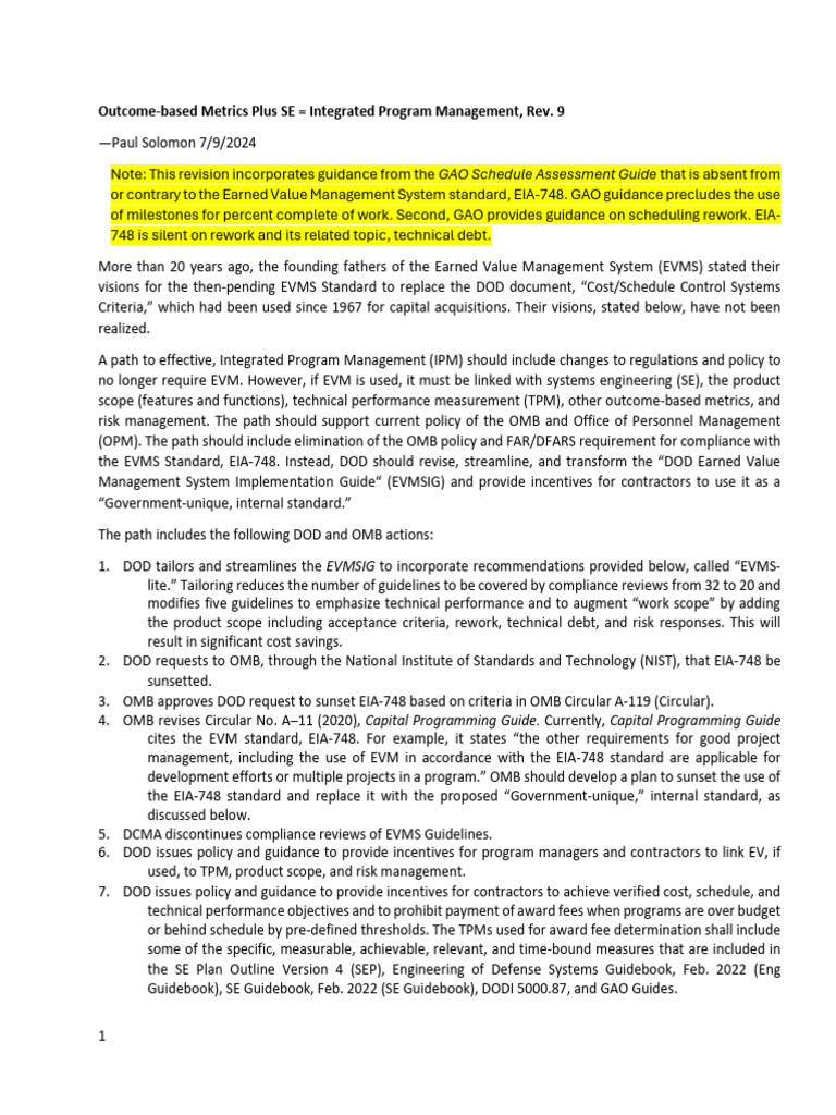 Outcome-based Metrics Plus SE = Integrated Program Management, Rev. 9 ...