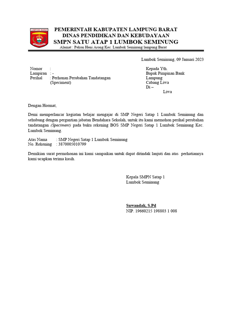 Surat Permohonan Speciment PDF