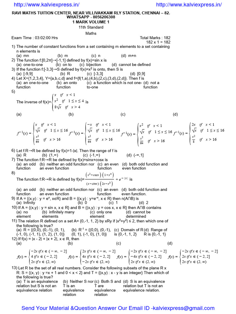11TH MATHS VOL 1 - 1 MARKS Book Back and Creative Question - Kalviexpress | PDF | Mean ...