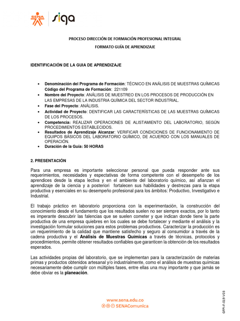 GFPI-F-019 Guia de Aprendizaje - ALISTAMIENTO MUESTREO SUELOS Y AGUAS | PDF | Laboratorios | Químico