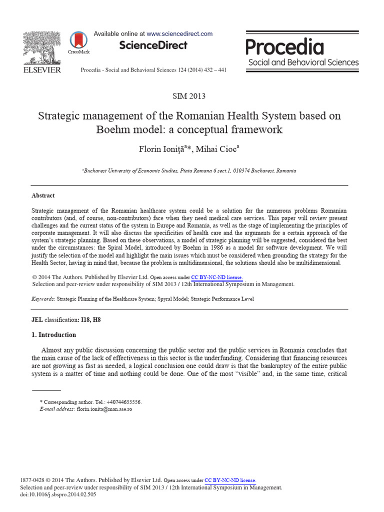 Strategic Management of The Romanian Health Syste - 2014 - Procedia - Social and | PDF | System ...