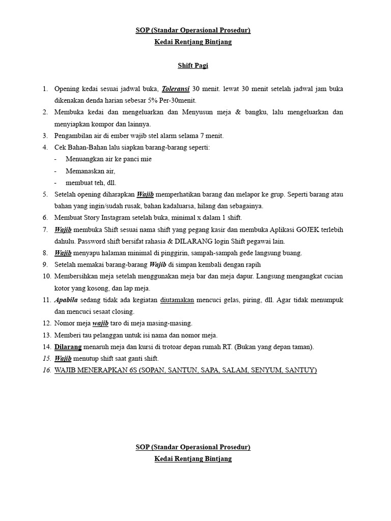 SOP (Standar Operasional Prosedur) Kedai Rentjang Bintjang | PDF ...