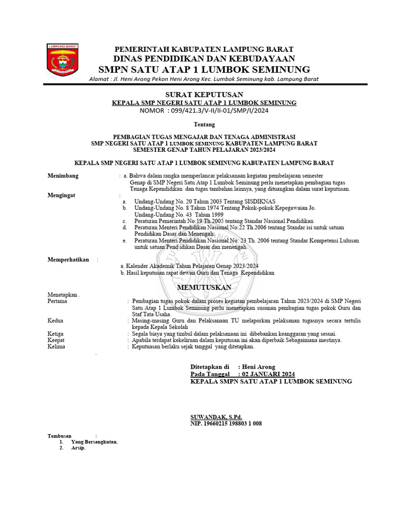 Contoh SK PEMBAGIAN TUGAS SEMESTER GENAP TP 2023-2024 | PDF