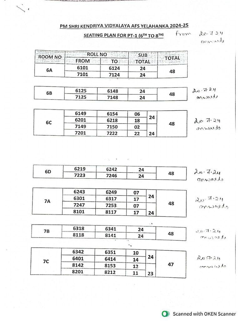 New Seating Plan From 20.07.2024 Onwards For PT1 | PDF