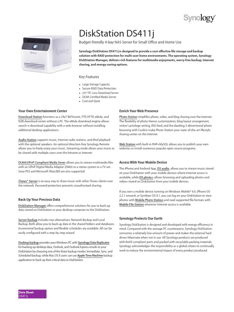 Synology DS411j Data Sheet Enu | PDF | Operating System | Backup