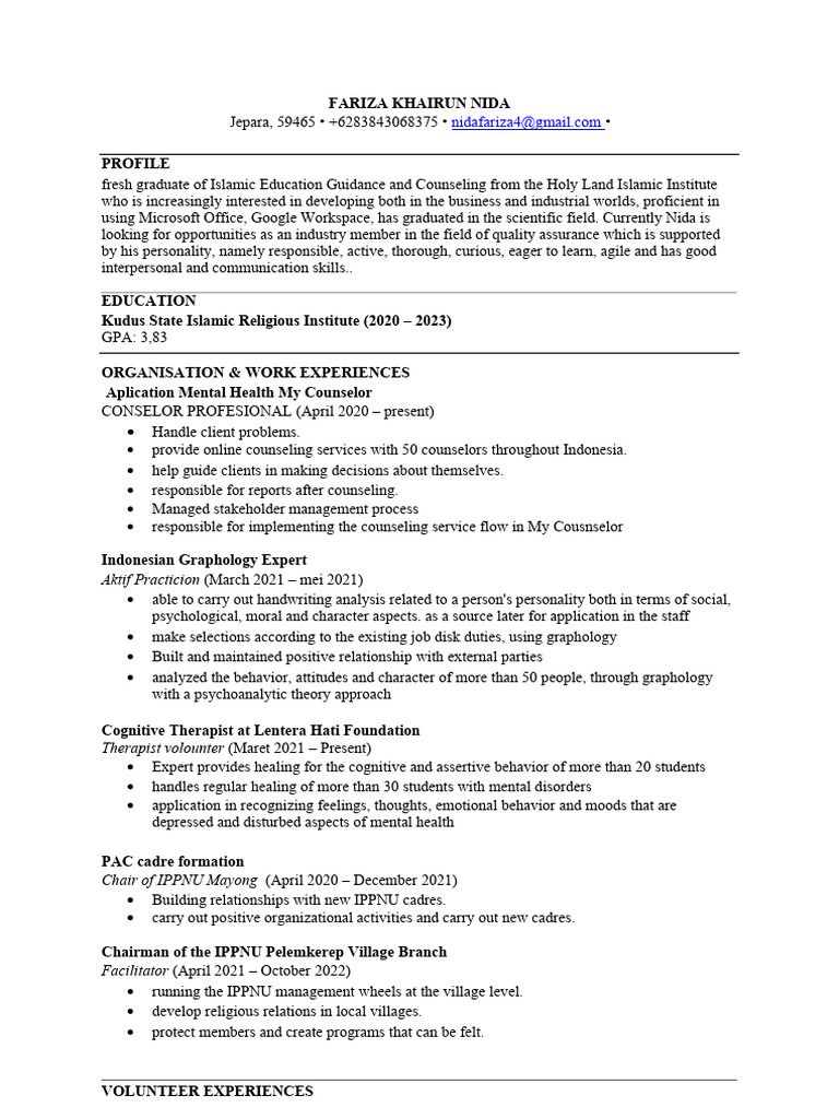 CV Fariza Khairun Nida Ei | PDF | Psychotherapy | Graphology