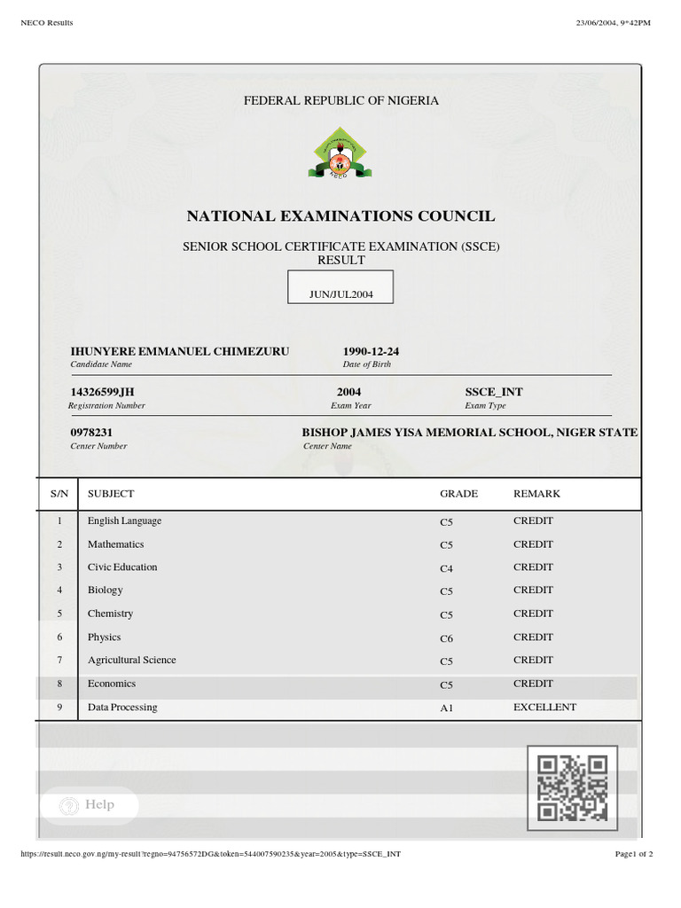 IHUNYERE EMMANUEL SECONDARY SCHOOL NECO CERT | PDF | Educational ...