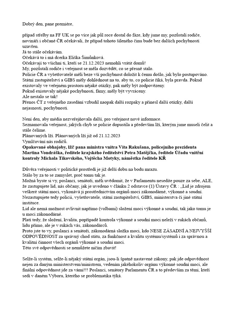 Dopis Lenky Šimůnkové premiérovi Petru Fialovi. | PDF