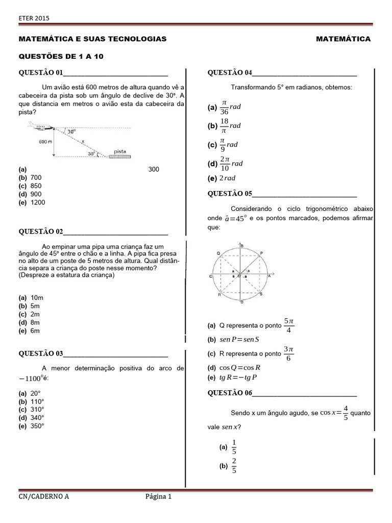 1ª Lista de exercícios de trigonometria | PDF | Geometria Clássica | Geometria Elementar