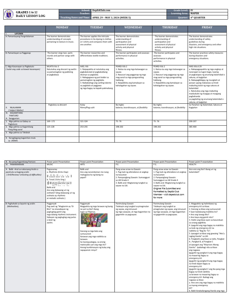 DLL - Mapeh 4 - Q4 - W5 | PDF