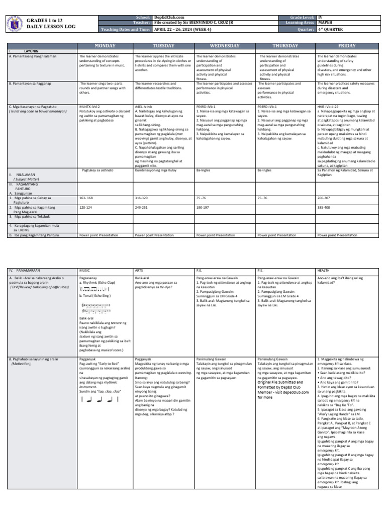 DLL - Mapeh 4 - Q4 - W4 | PDF