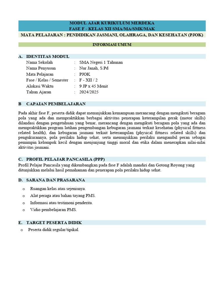 Modul PJOK XII - Unit 10 PMS - Semester 2 | PDF