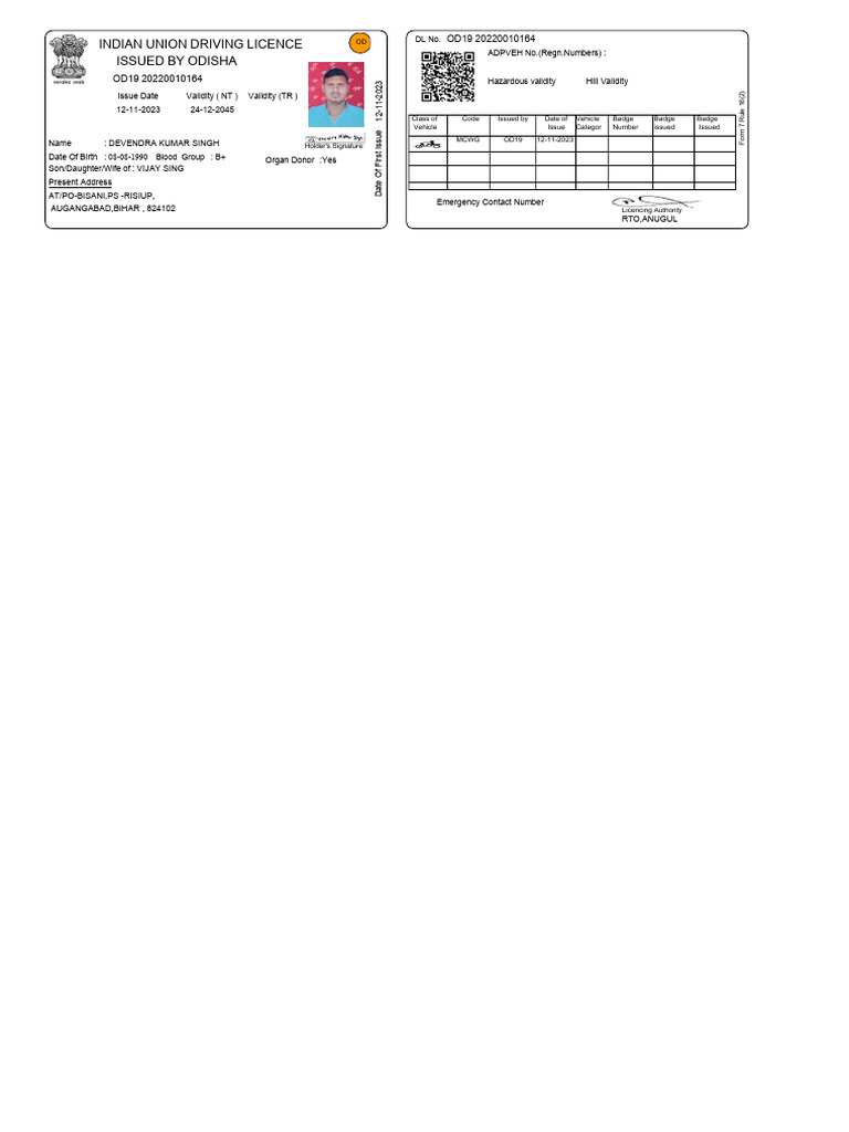 Indian Union Driving Licence Issued by Odisha: DL No | PDF