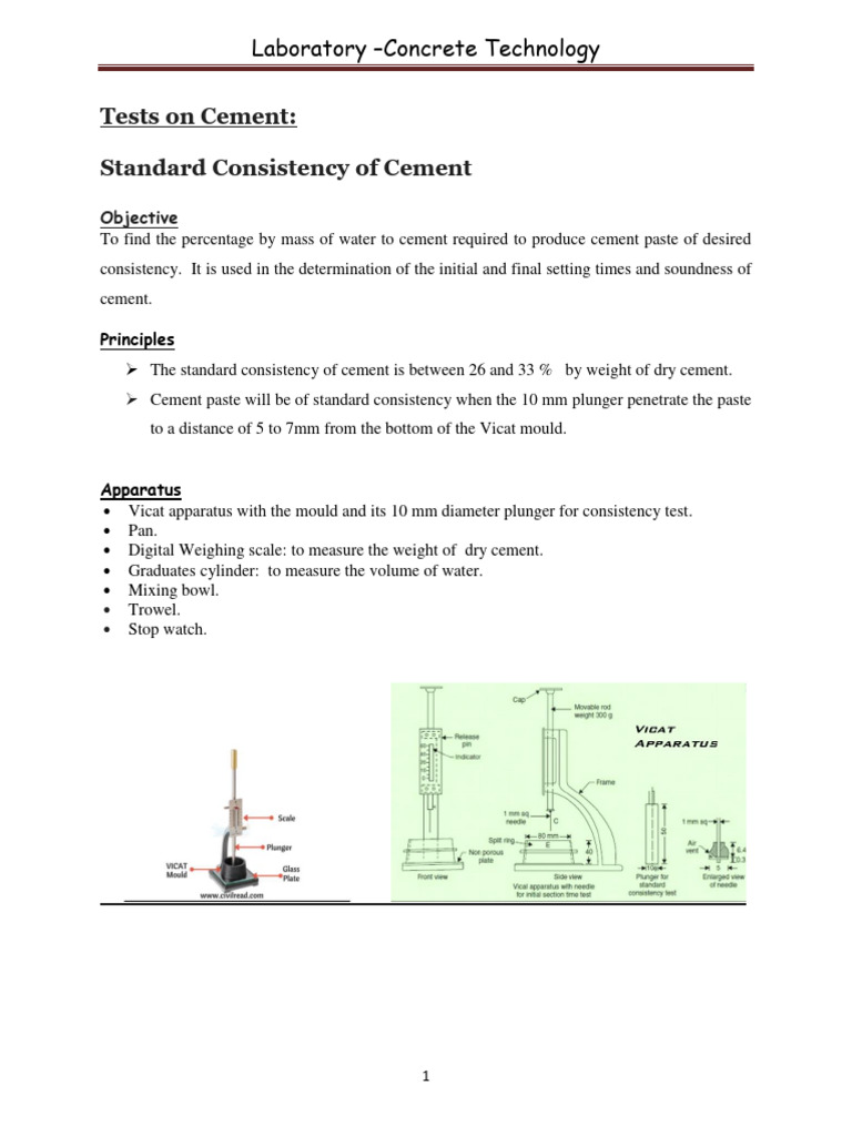 Tests On Cement: Standard Consistency of Cement: Laboratory - Concrete ...
