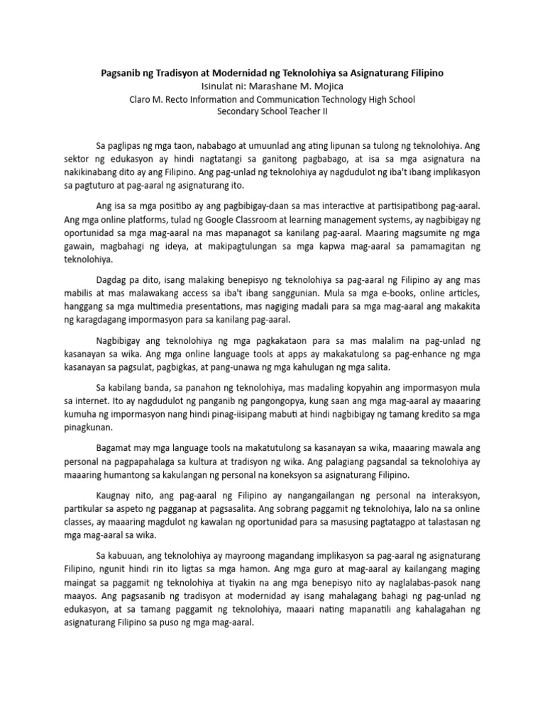 Implikasyon NG Teknolohiya Sa Asignaturang Filipino - MOJICA, MARASHANE M. | PDF