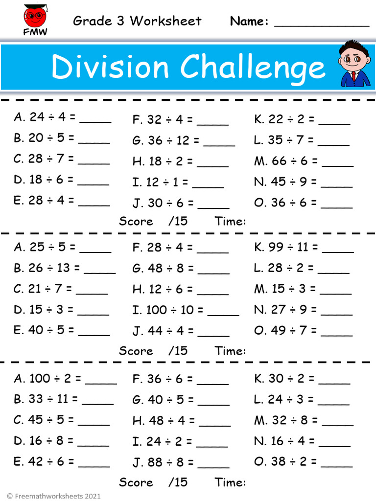 Grade 3 Division Challenge Worksheet | PDF