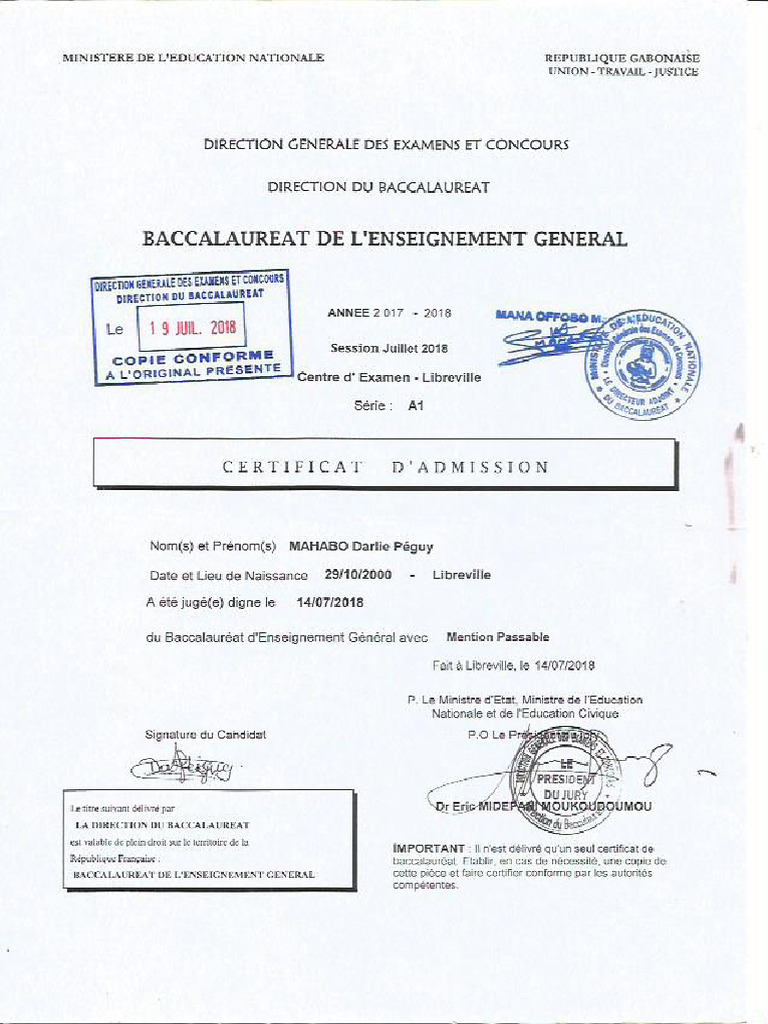 Certificat Admission Bac | PDF