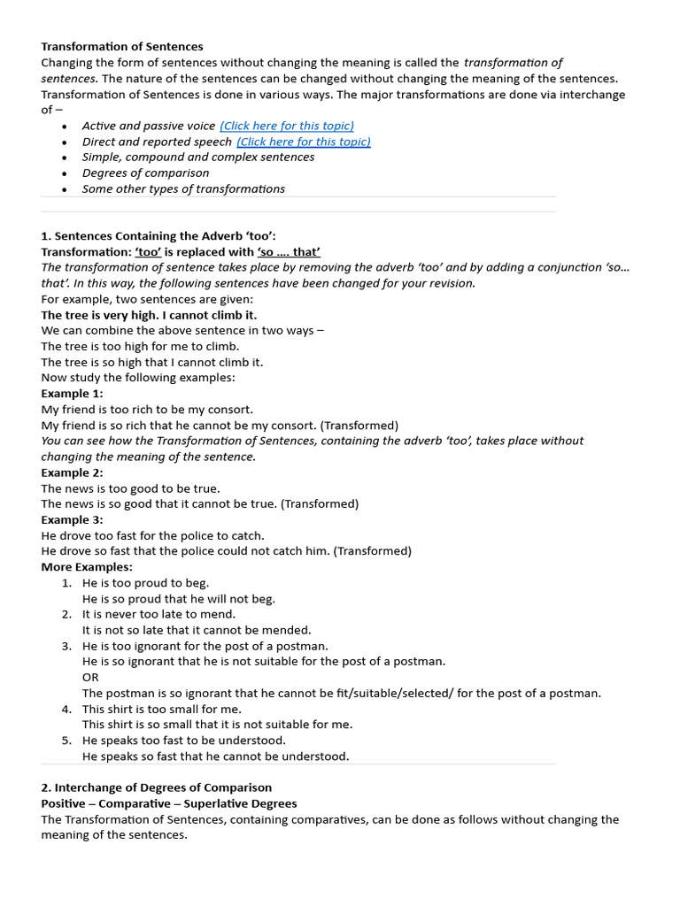 Sentence Transformation Guide for Class 10 | PDF | Clause | Sentence ...