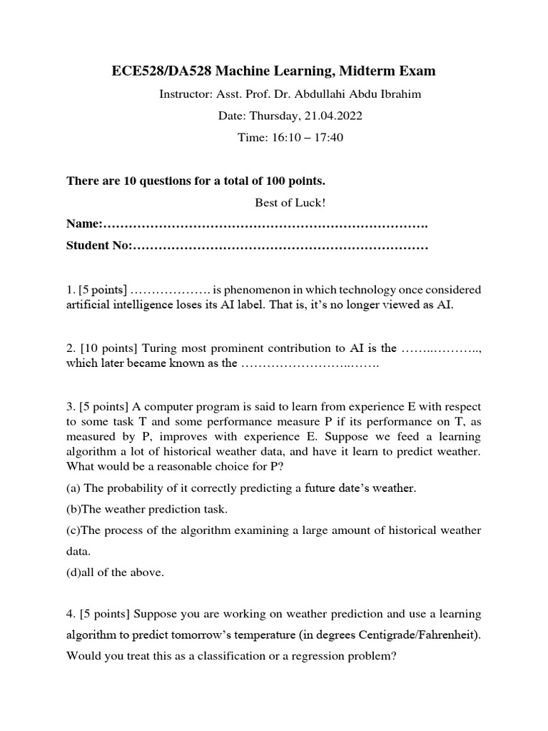 DA528 Machine Learning Midterm Exam Questions | PDF | Artificial Intelligence | Intelligence (AI ...