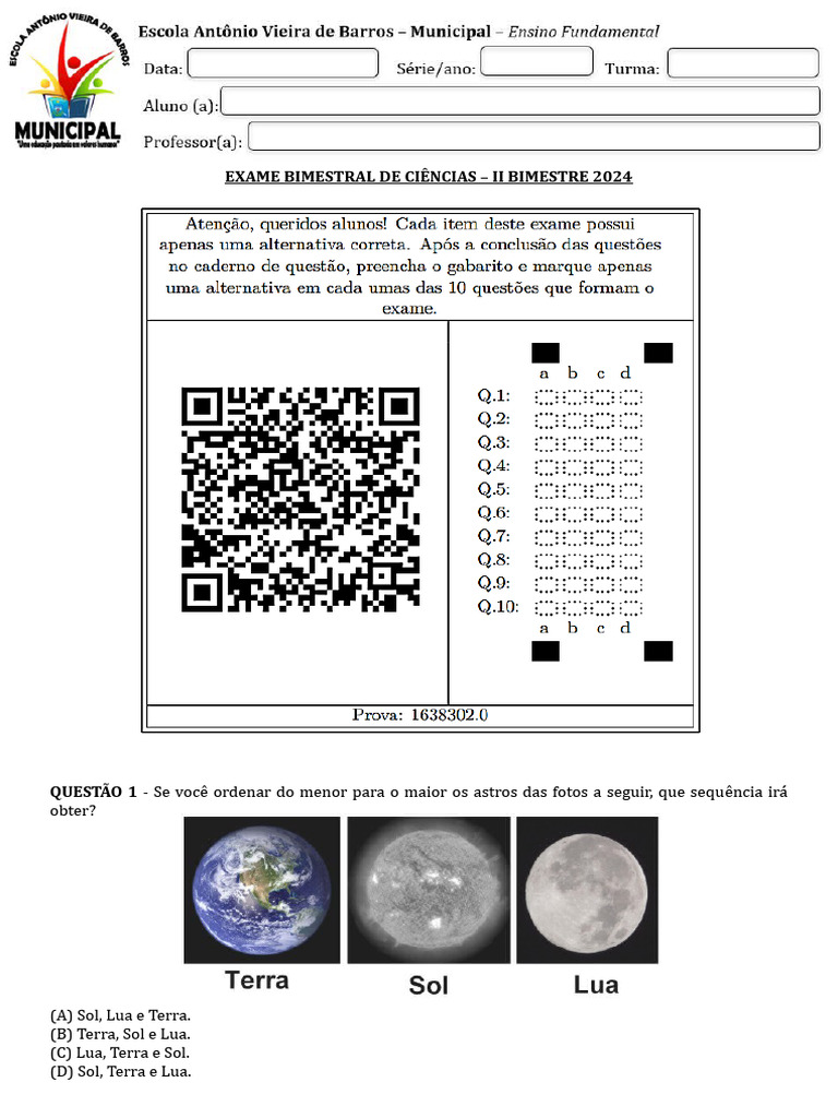Exame de Ciências: Astronomia e Fases da Lua | PDF | Lua | Terra