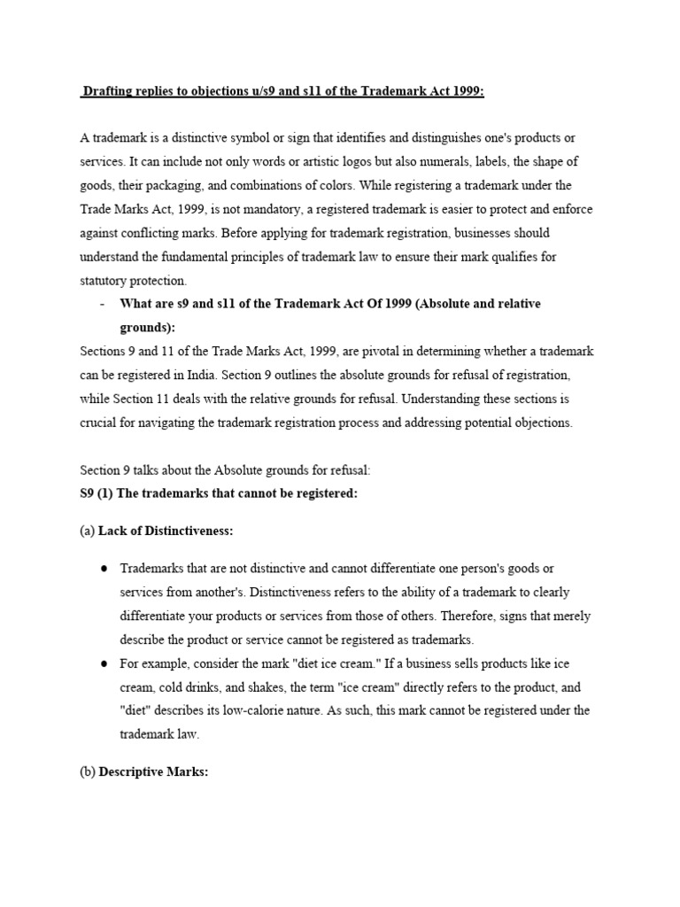 Objections U - s9 and s11 of The Trademark Act 1999 | PDF | Trademark ...