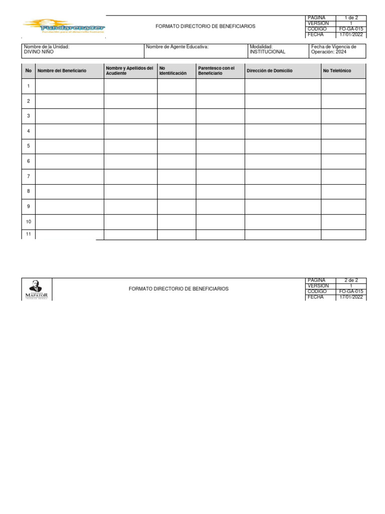 Fo Ga 015 Formato Directorio Beneficiarios | PDF