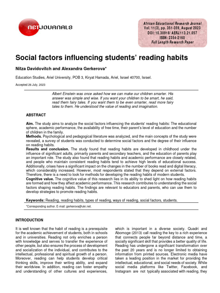 Social Factors Influencing Students Reading Habit | PDF | Reading ...