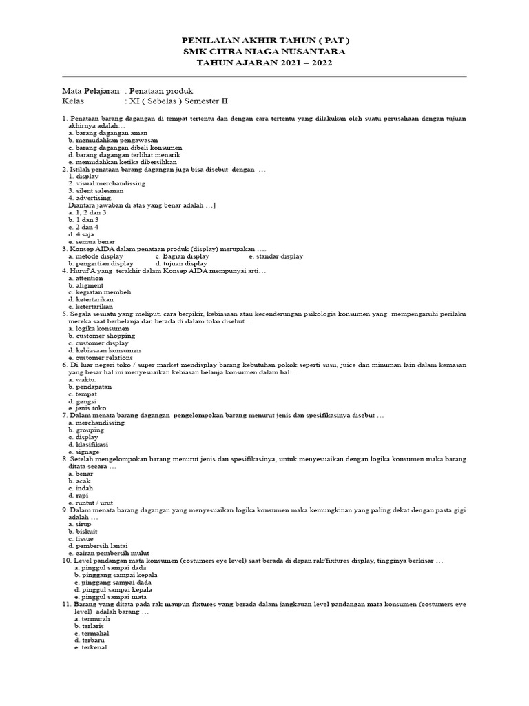 Soal Penataan Produk Kelas XI | PDF