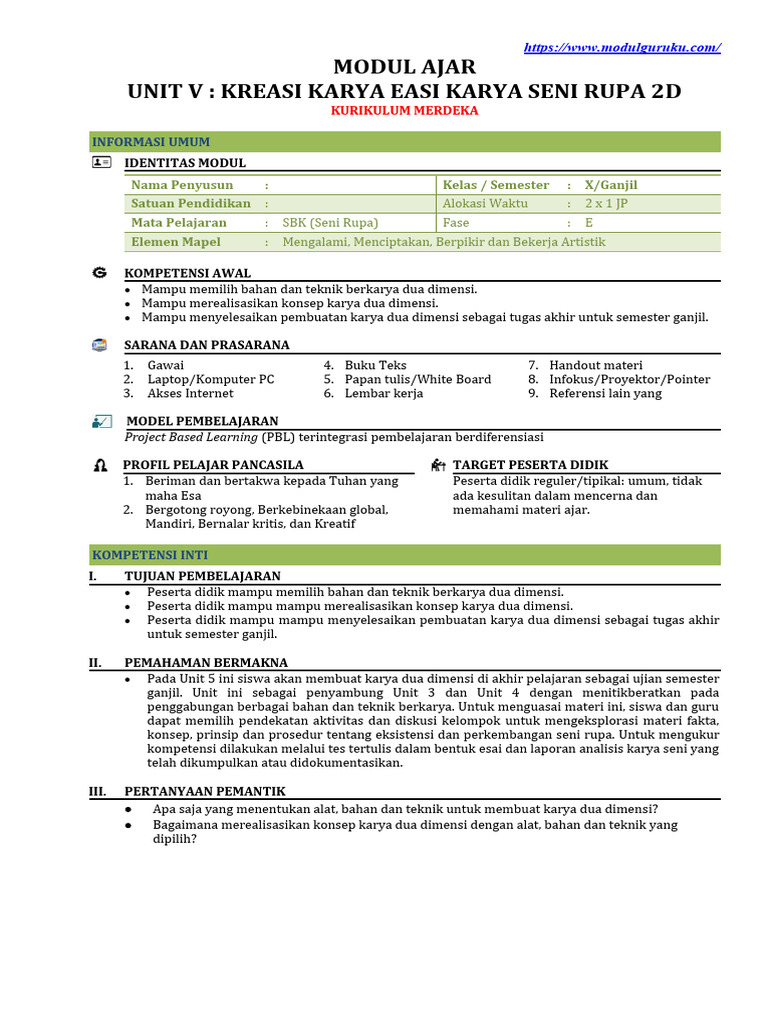 Modul Ajar Seni Rupa Kelas 10 Fase E Unit 5 | PDF