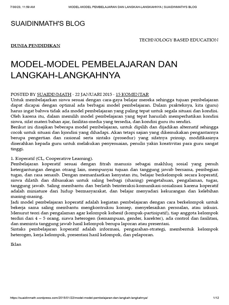 Model-Model Pembelajaran Dan Langkah-Langkahnya - Suaidinmath's Blog | PDF