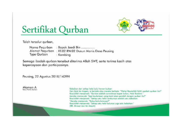 SERTIFIKAT QURBAN CONTOH | PDF
