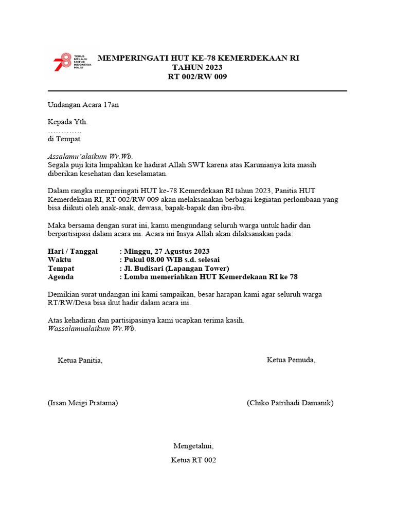 Surat Undangan Acara 17an HUT RI Tahun 2022 - Masagipedia | PDF