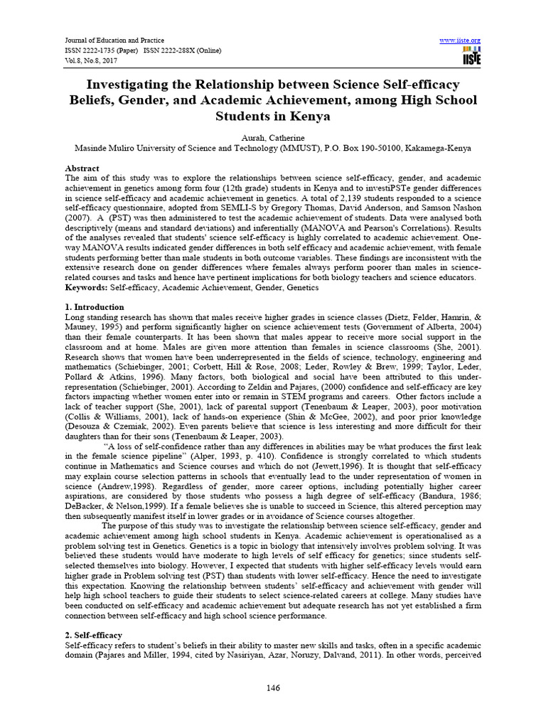 Science Self-Efficacy and Gender Impact on Achievement | PDF | Self ...