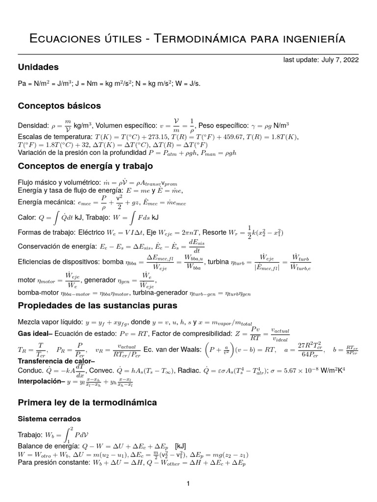 Useful Equations | PDF | Calor | Gases