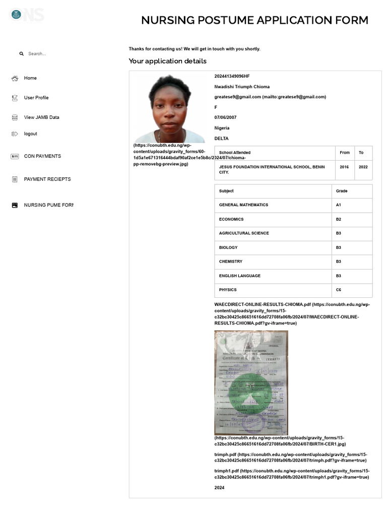 Nursing Postume Application Form - College of Nursing Sciences Chioma | PDF