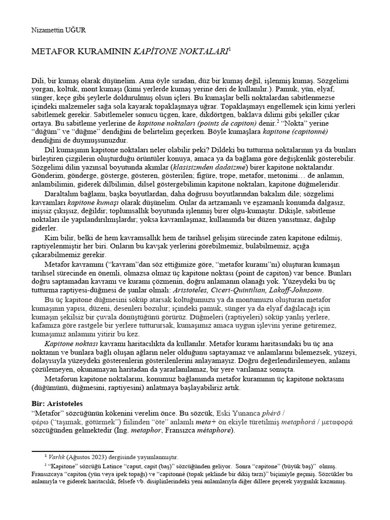 NU - Metafor Kuramının Kapitone Noktaları - Varlık-Ağustos 2023 | PDF