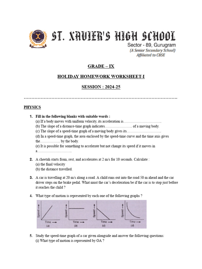 Science HHW WORKSHEET-I | PDF | Acceleration | Mechanics