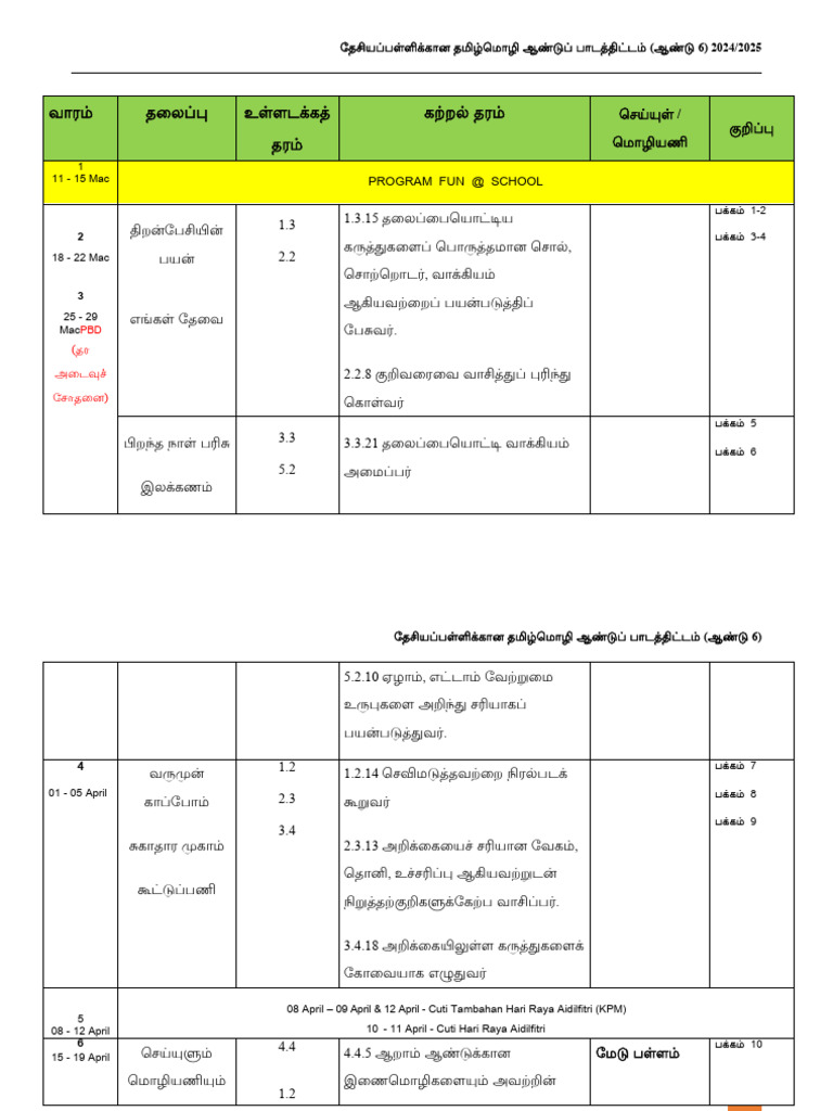 RPT TAHUN 6 BAHASA TAMIL - Docx 2024 | PDF