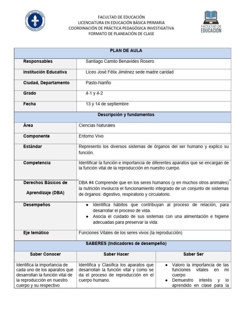 Formato de Planeación de Clase 6 La Reproduciíon | PDF | Enseñando | Aprendizaje