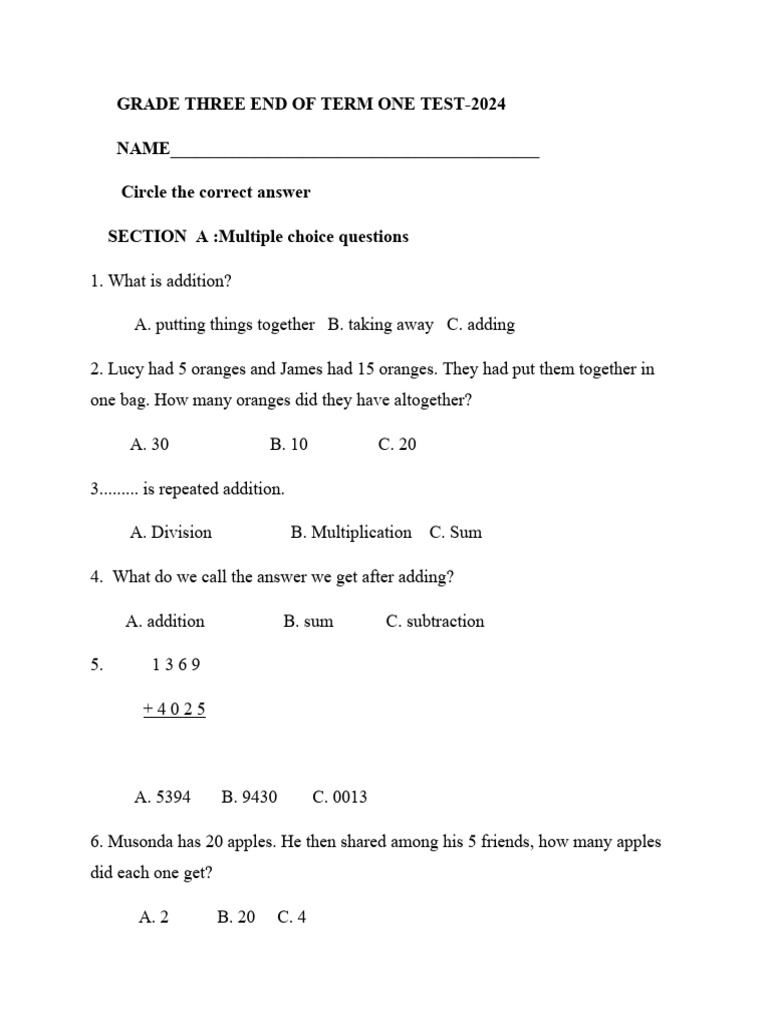 G3 Mathematics Test-2024 - 105444 | PDF | Elementary Mathematics ...