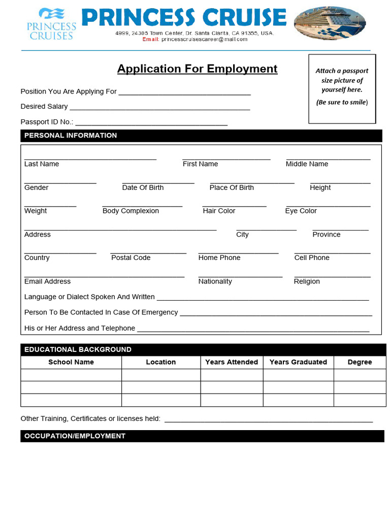 Princess Cruises Employment Application | PDF