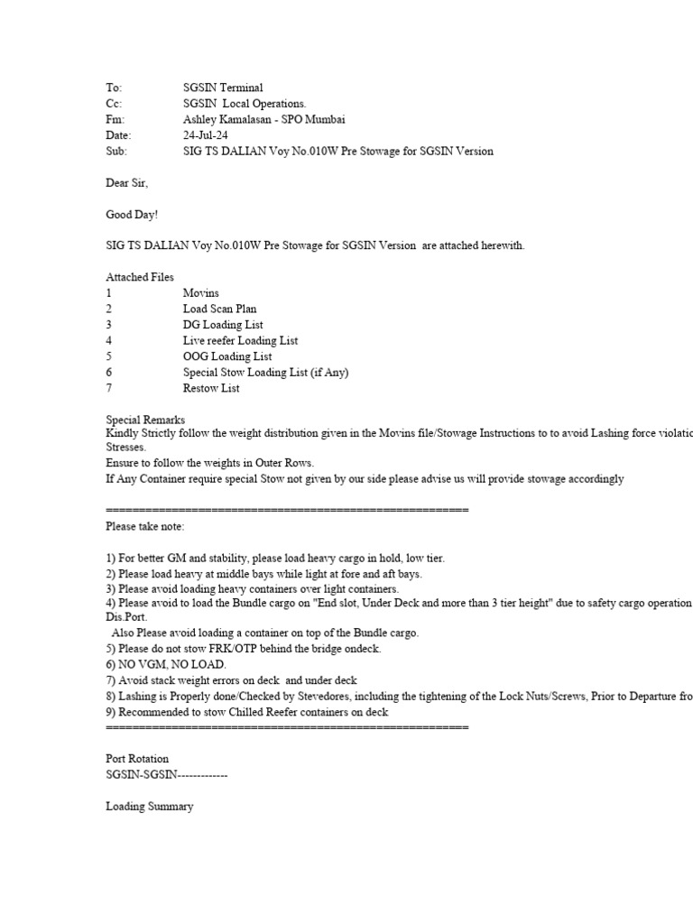 TS Dalian 010W - Sin Stowage Instructions | PDF | Transport | Ships