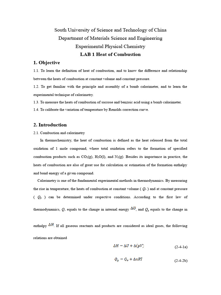 LAB 1 Heat of Combustion | PDF | Heat | Calorimetry