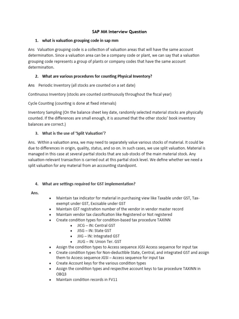 SAP MM Interview Question | PDF | Valuation (Finance) | Inventory