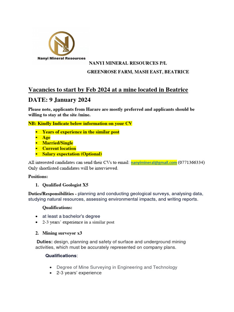 Beatrice Mine Job Vacancies 2024 | PDF | Mining | Minerals