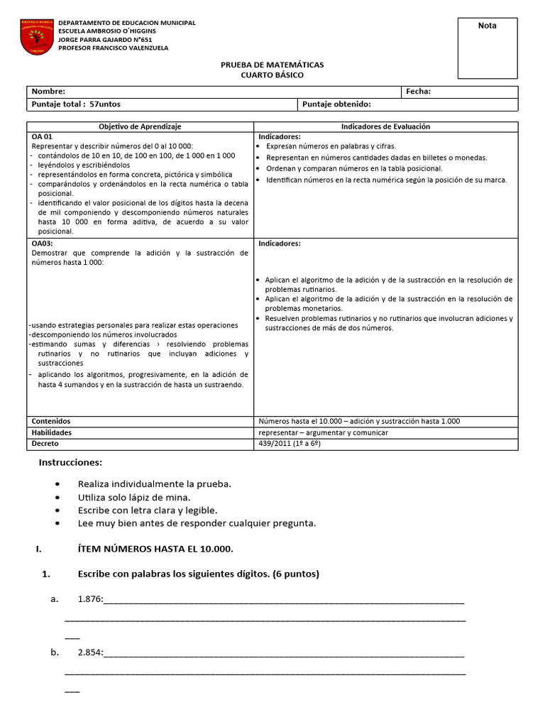 Prueba de Matemáticas 4° Básico: Números y Operaciones | PDF | Sustracción | Matemáticas