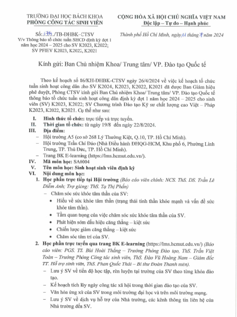 ĐHBK - TB tổ chức SHCD định kỳ đợt 1 năm học 2024 2025 | PDF